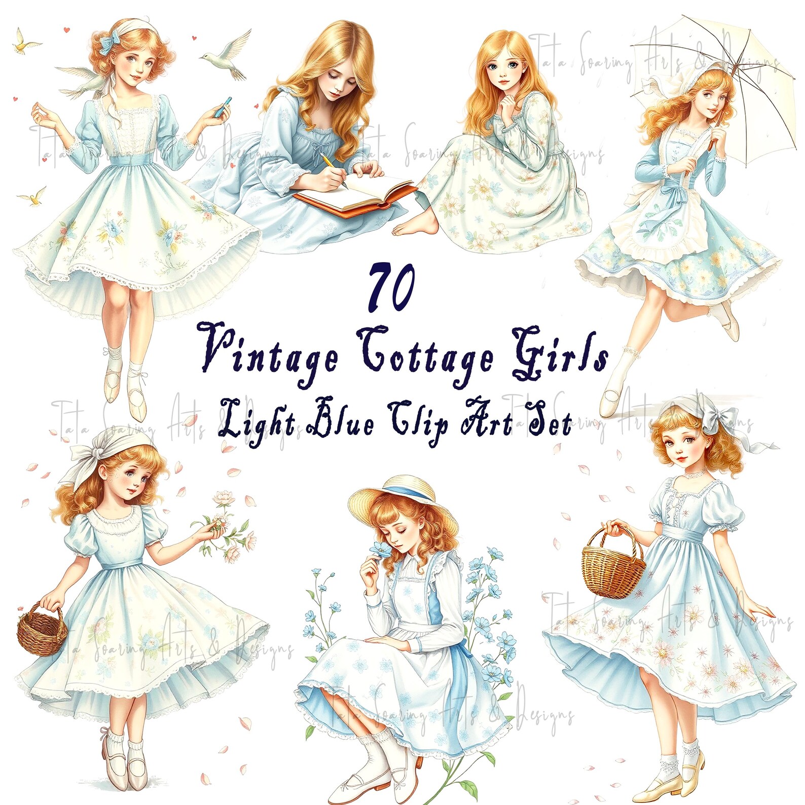 70 Vintage Cottage Girls Light Blue Clip Art Bundle, Cute Girl Clipart ...