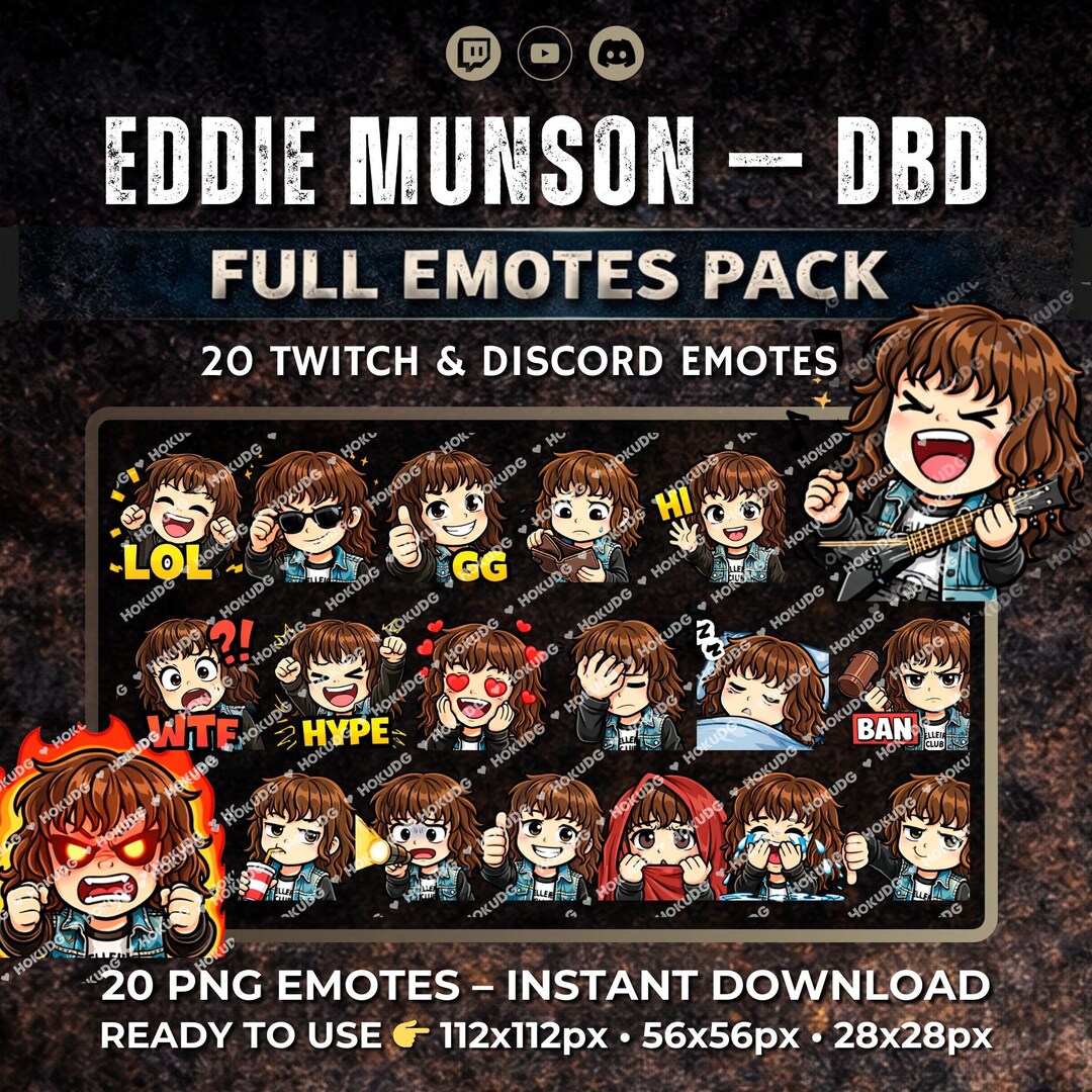 Eddie Munson Emotes Pack for Twitch – 20 Horror Gaming Emotes PNG | DBD ...
