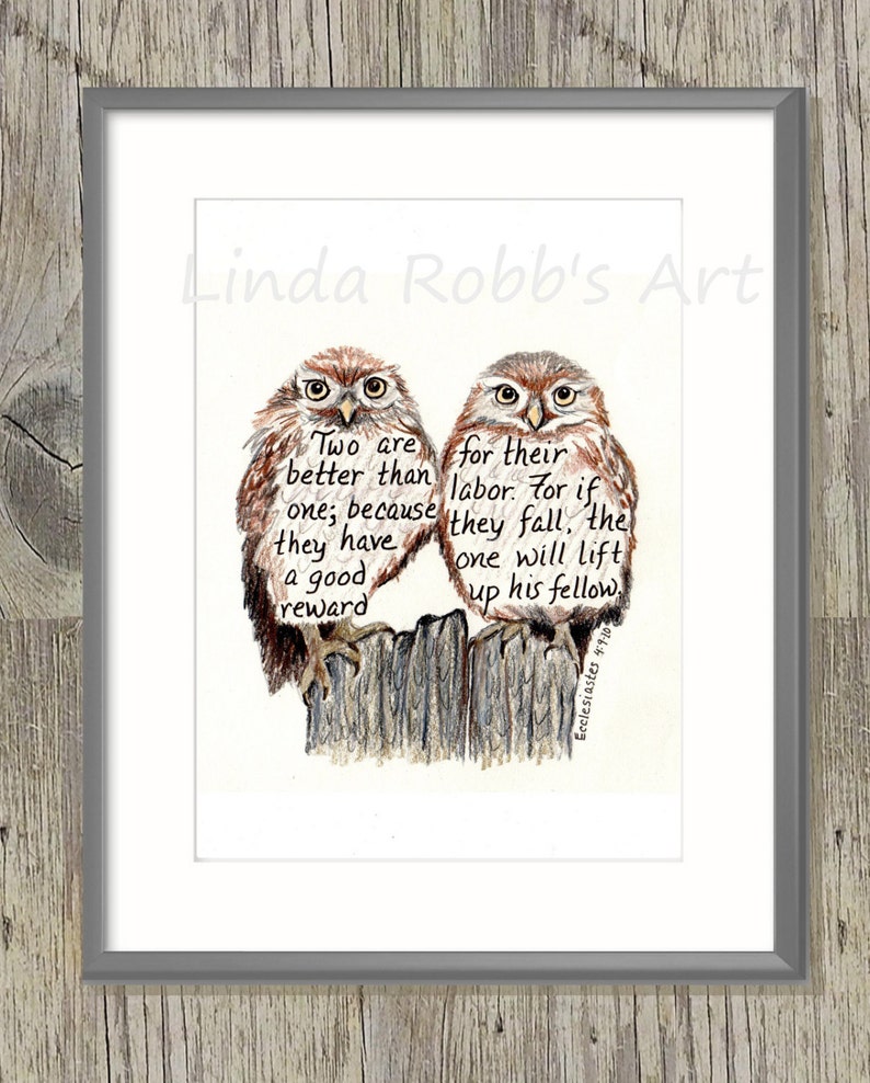 Two cute owls Bible Verse art print scripture design hand | Etsy