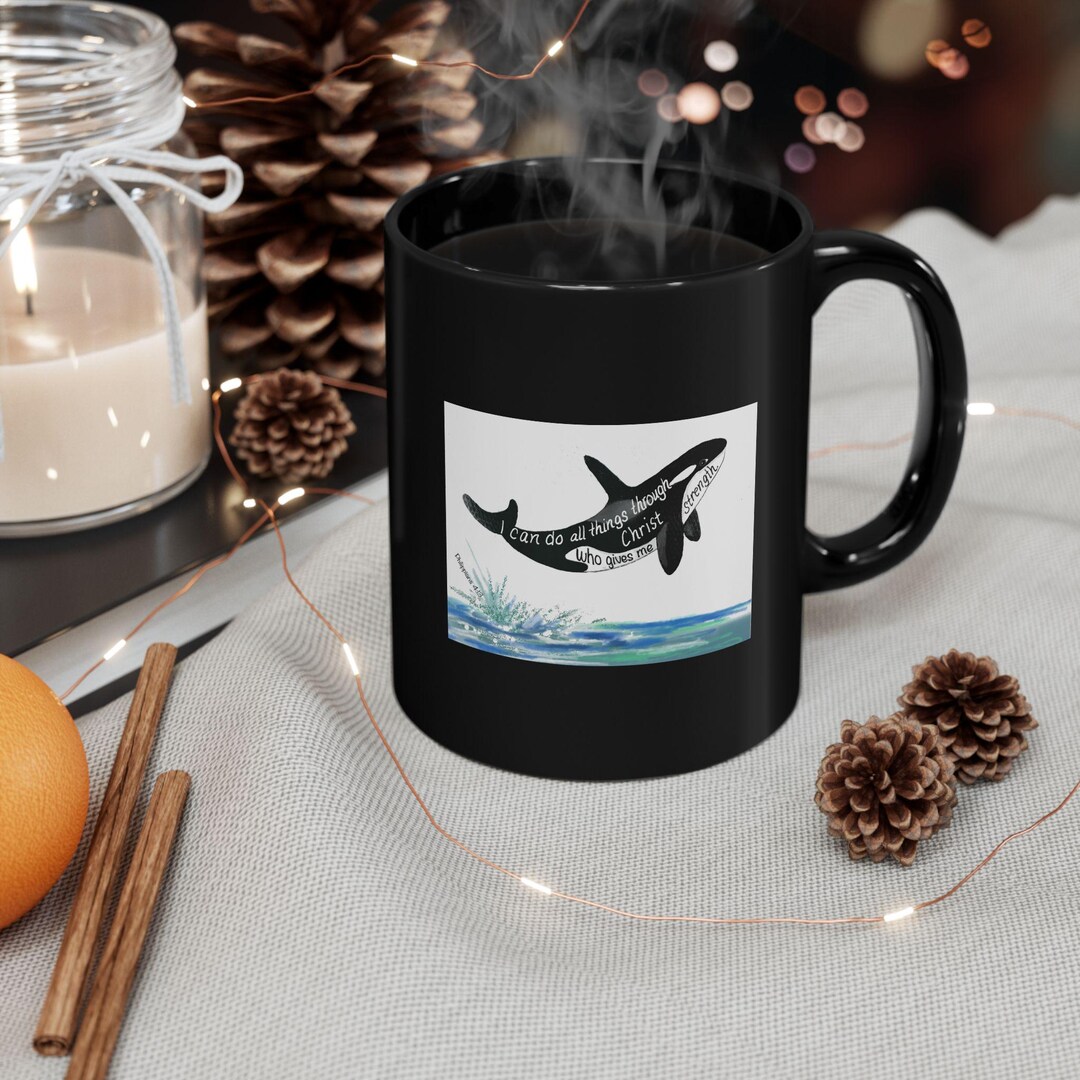 Orca Whale Scripture Design Mug, Black Coffee Cup Gift for Ocean Lovers ...