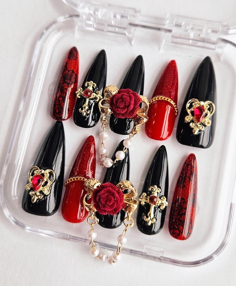 In the Red // Glam Romantic Goth Black and Red Gel Press on Nails With ...