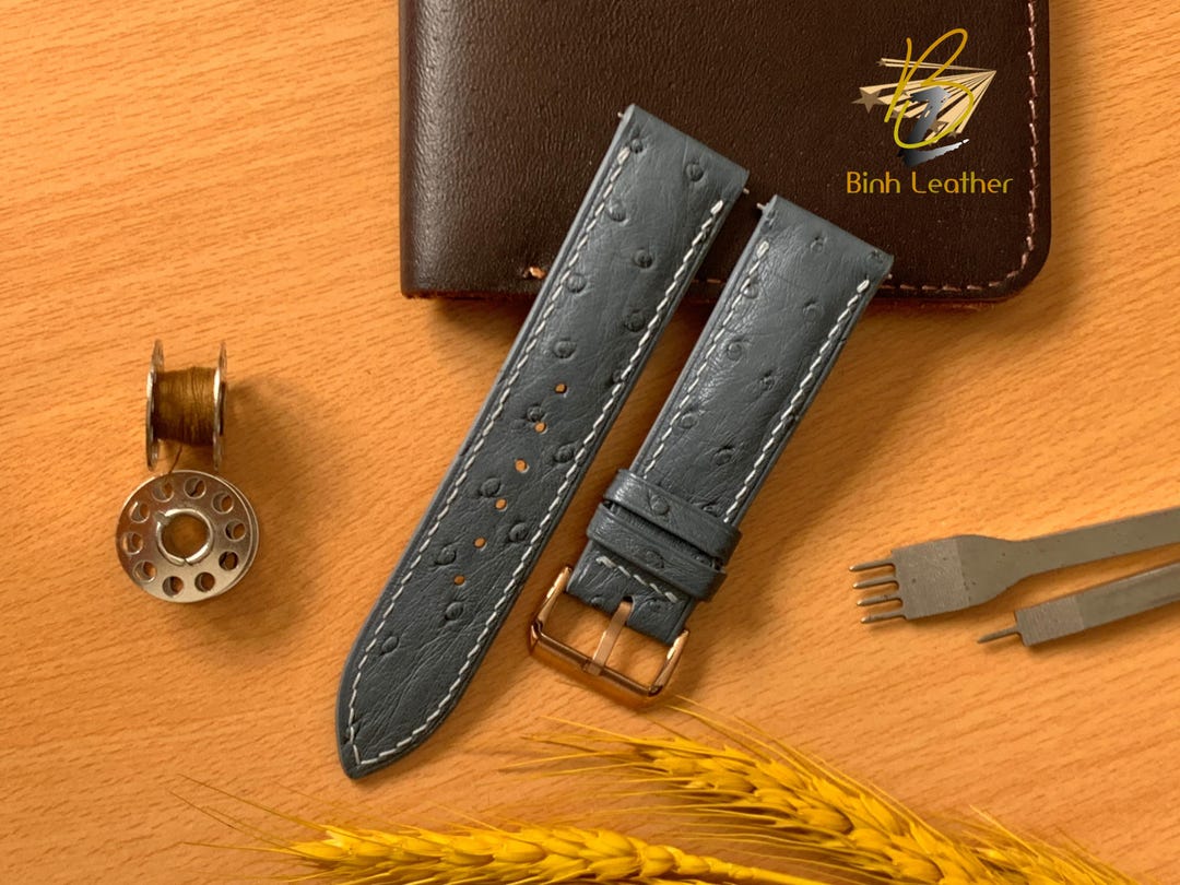 Gray Ostrich Leather Watch Strap, Handmade Leather Watch Band, Ostrich ...