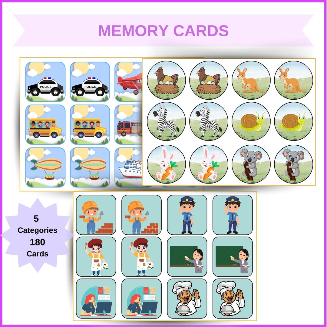 180-piece Memory Card Set for Kids | Educational Printable Cards ...