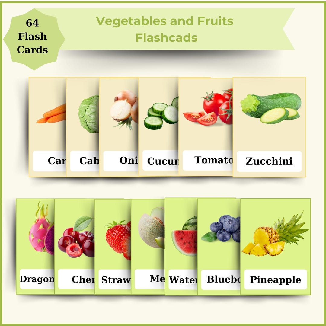 64 Fruits & Vegetables Flashcards | Educational Learning Cards for Kids ...