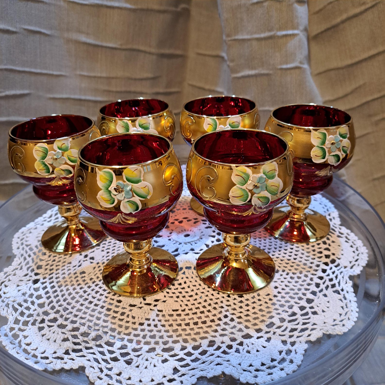 Venetian Murano Ruby-red Color Glass Hand Painted,decanter+set of 6, 24 K Gold Paint and Painted ...