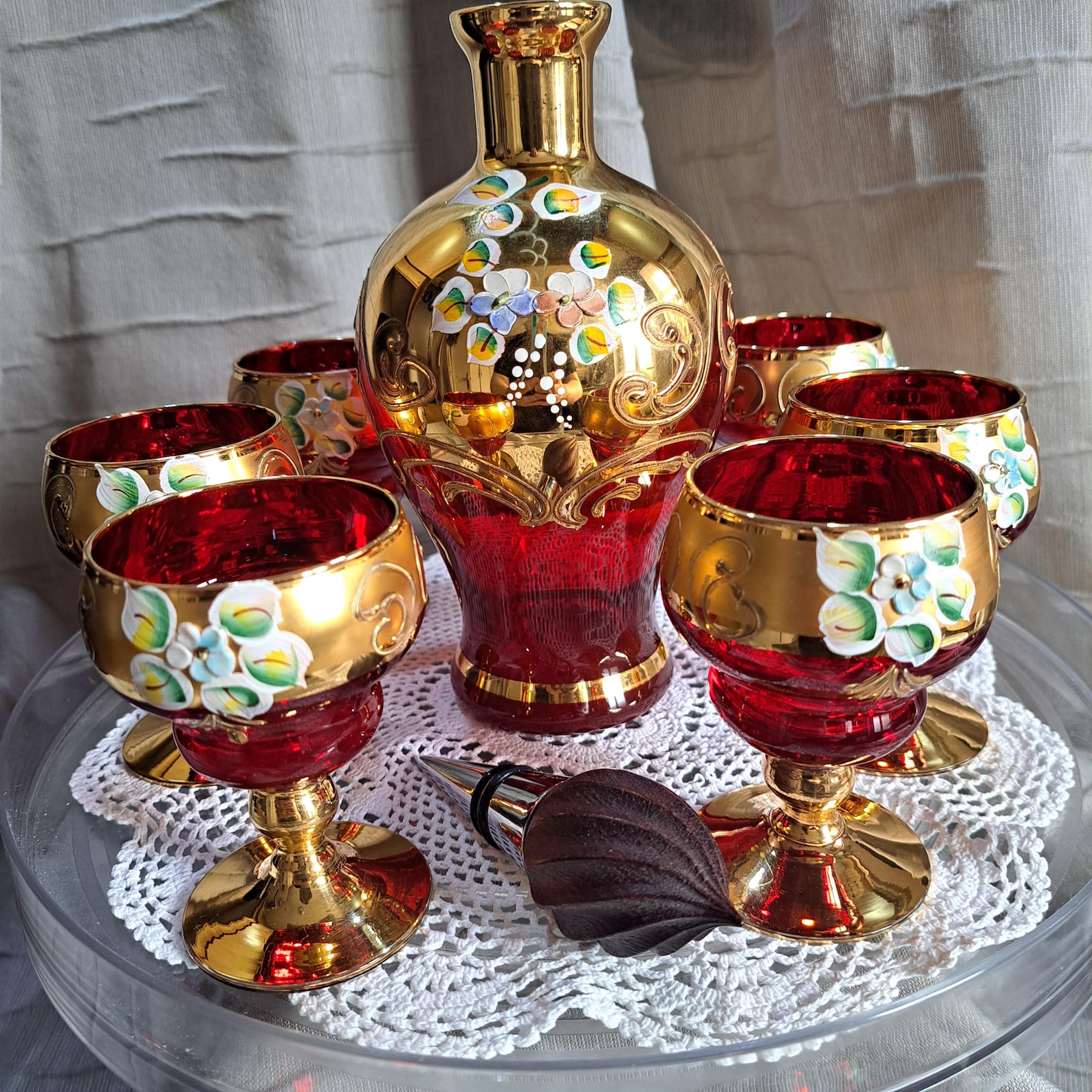 Vintage Murano Glass Decanter Set: Ruby Red, 24K Gold Enamel Flowers - Etsy