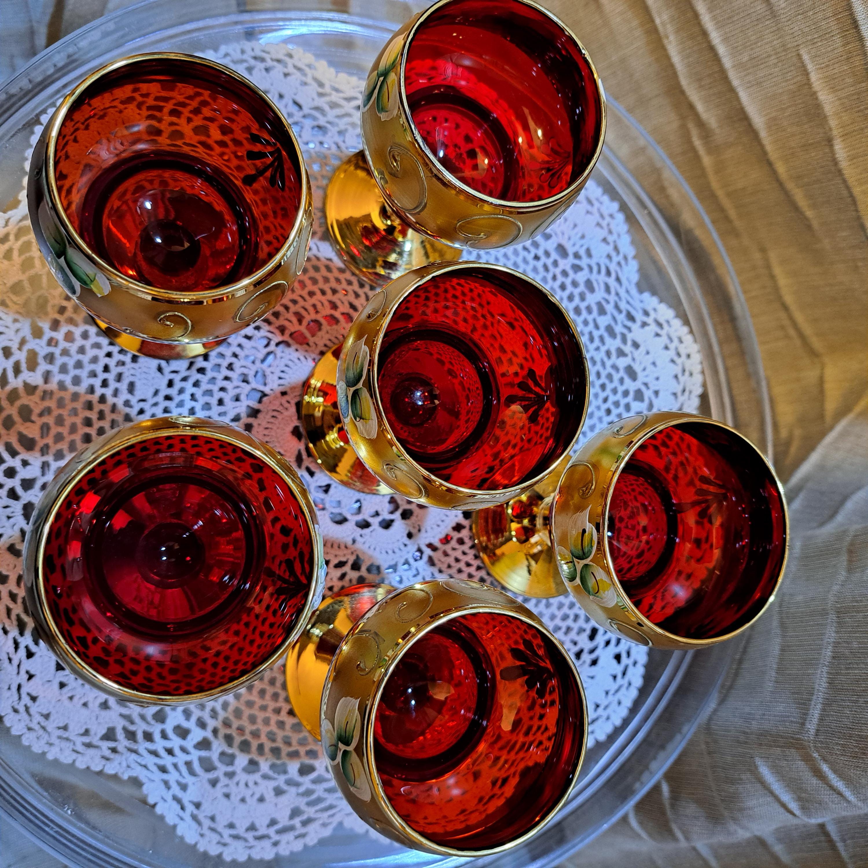 Venetian Murano Ruby-red Color Glass Hand Painted,decanter+set of 6, 24 ...