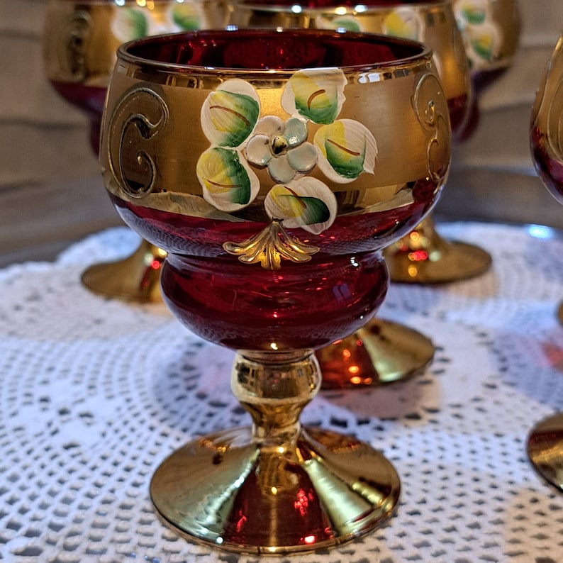 Venetian Murano Ruby-red Color Glass Hand Painted,decanter+set of 6, 24 ...