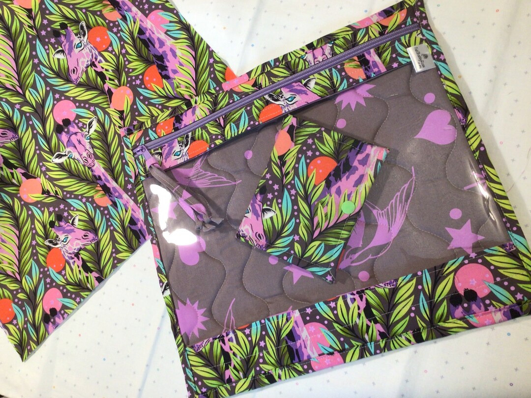Tula Pink Purple Giraffe Vinyl Front Project Bag Stitching Organization ...