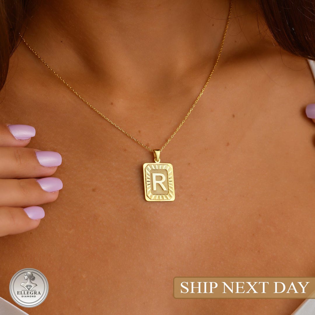 Square Alphabet Rectangle Medallion Initial Necklace, Medallion Letter ...