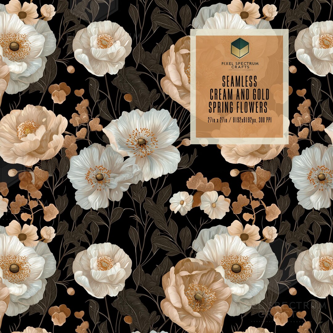 Cream Gold Spring Flowers Dark Seamless Repeat Digital Design-for ...