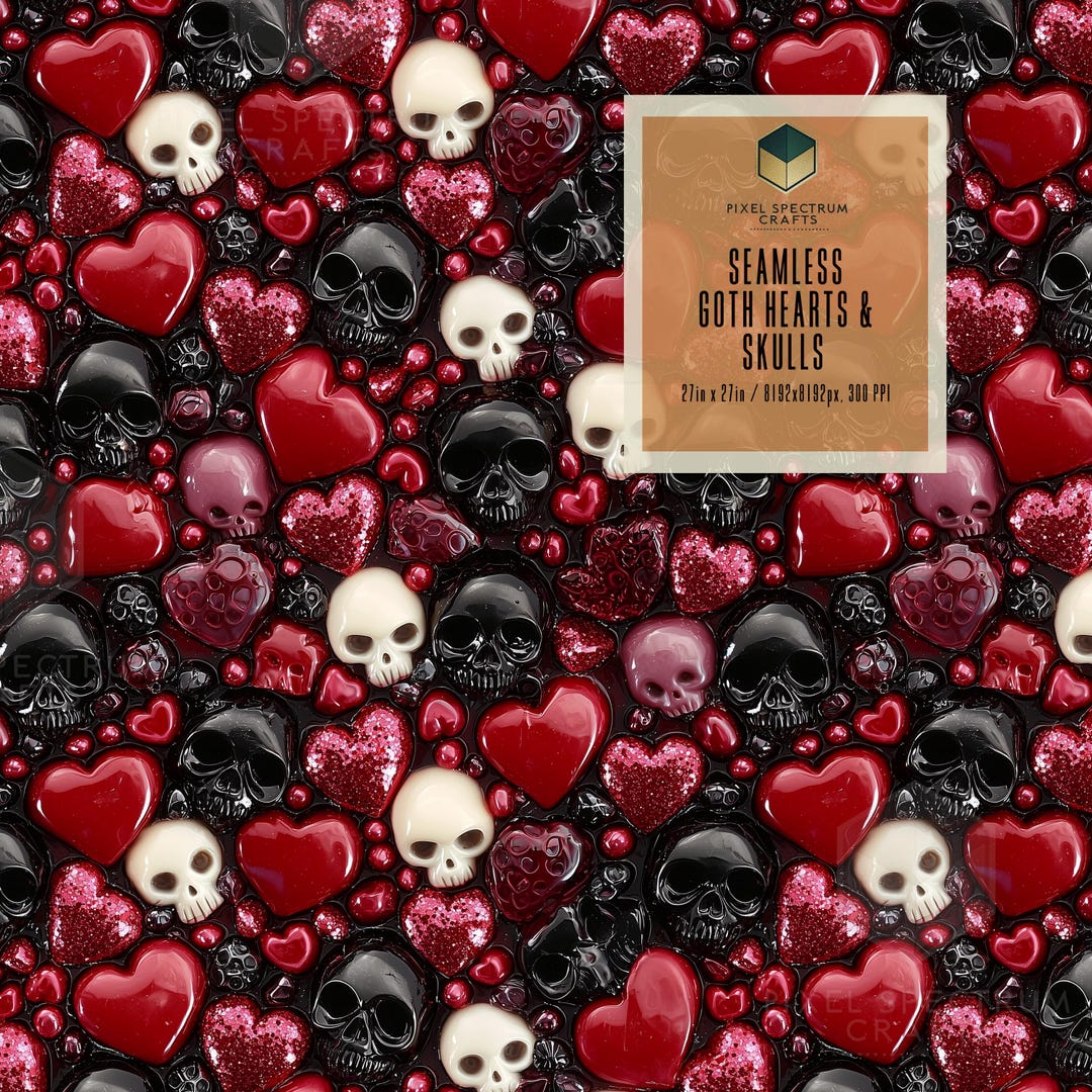 Goth Valentine Heart & Skull Repeat Seamless Digital Design - for ...