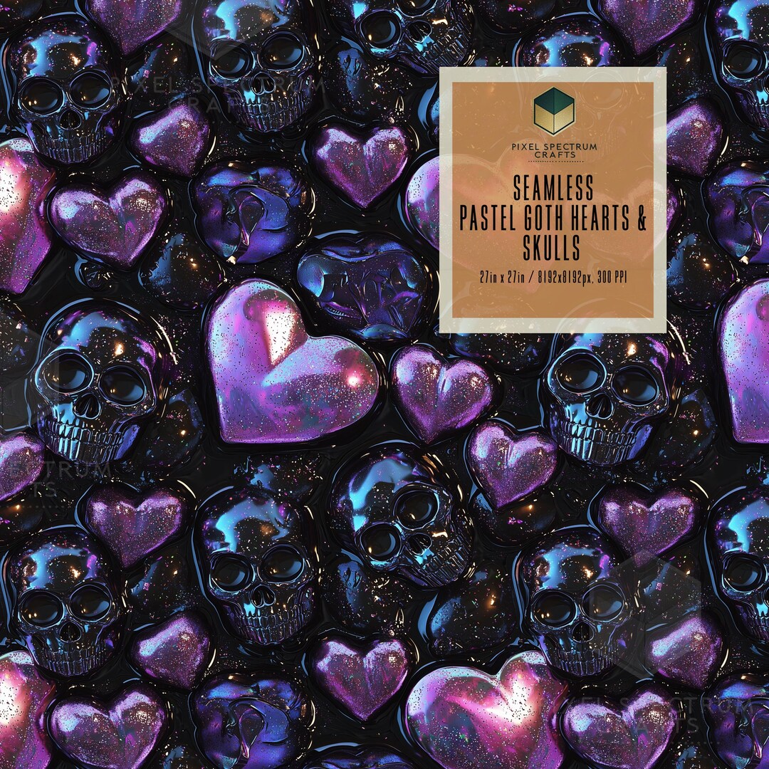 Pastel Goth Valentine Heart & Skull Repeat Seamless Digital Design ...
