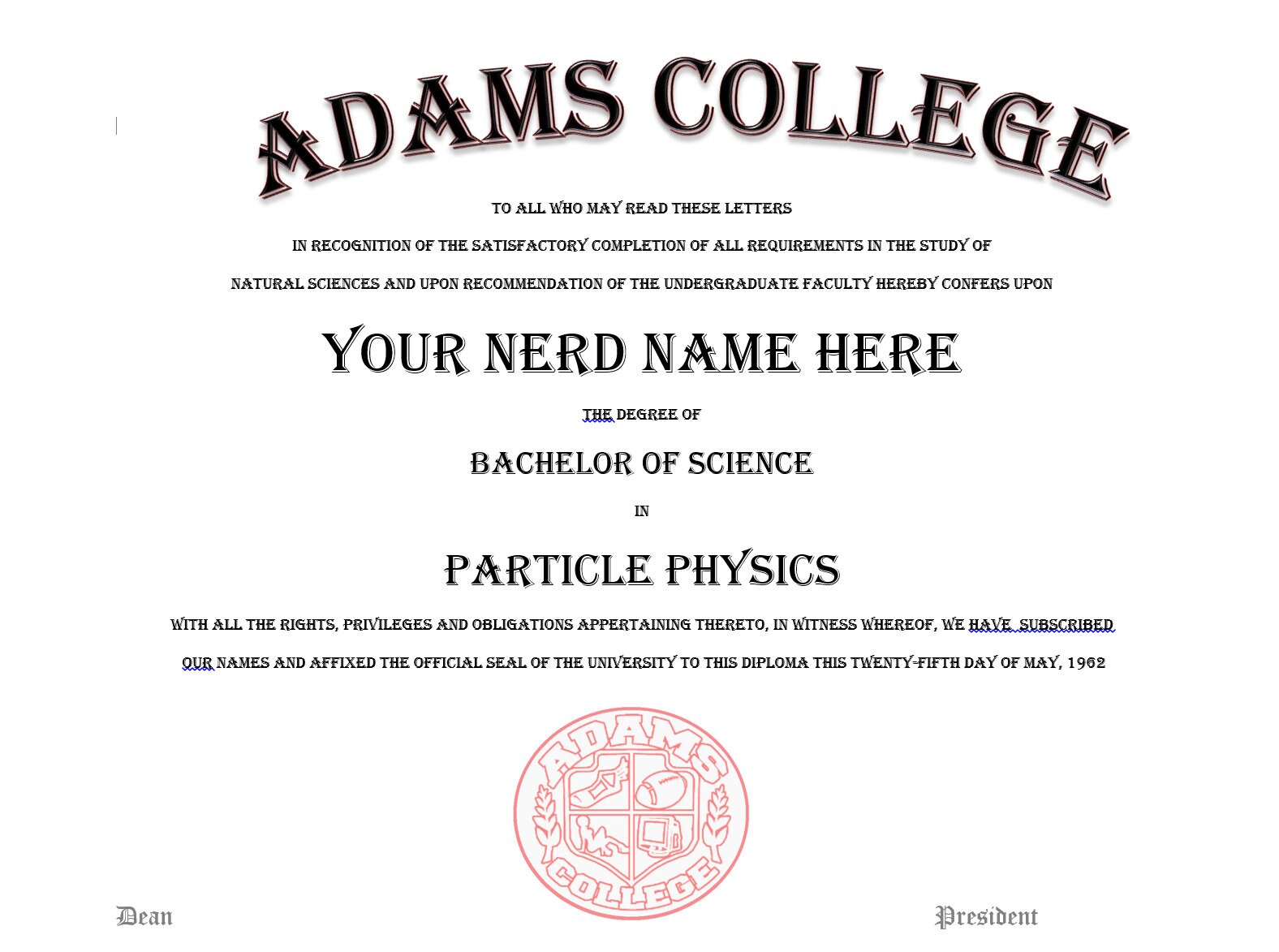 Adams College Customizable Diploma Revenge of the Nerds - Etsy