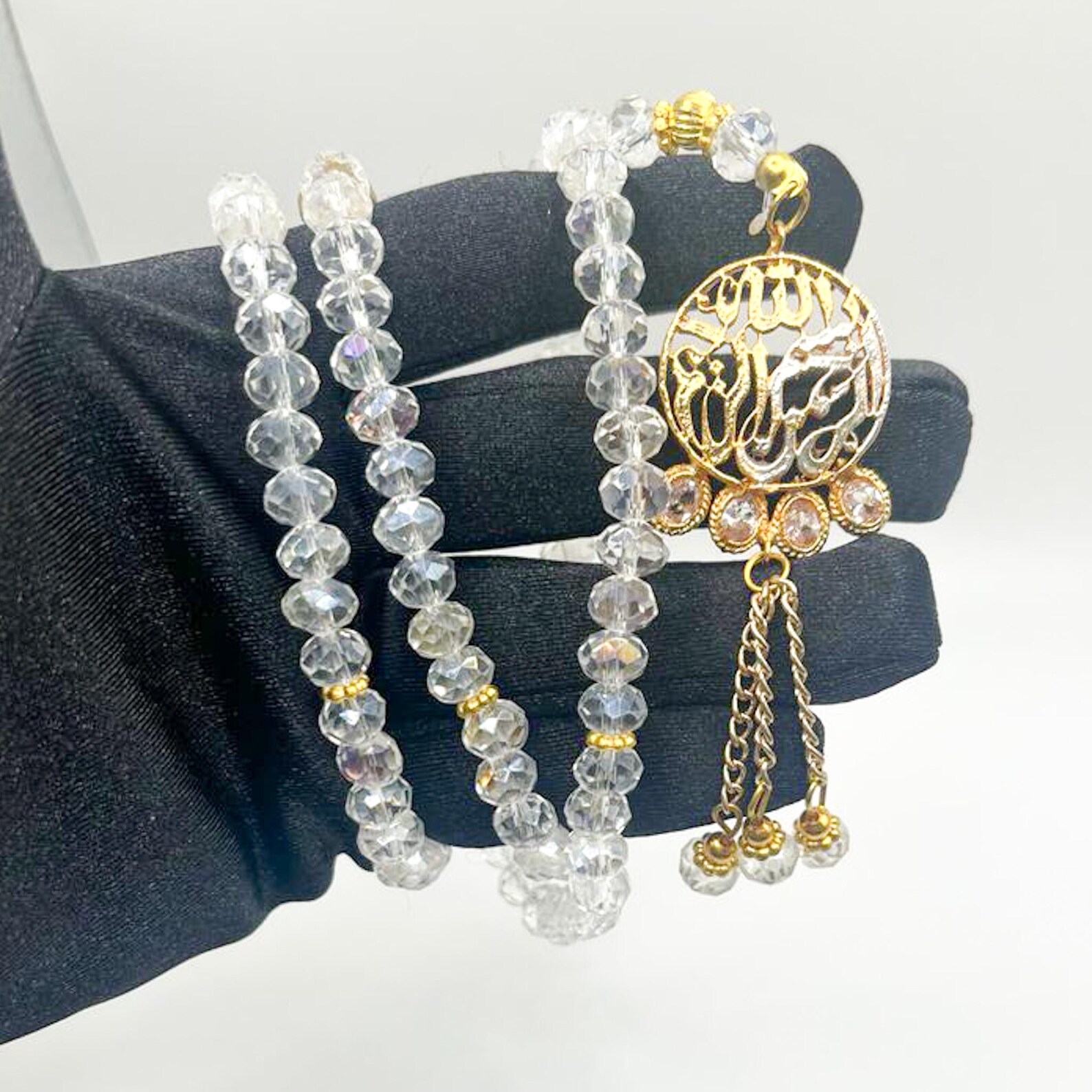 White Translucent Crystal Islamic Prayer Beads With Pendant, 99 Beads ...