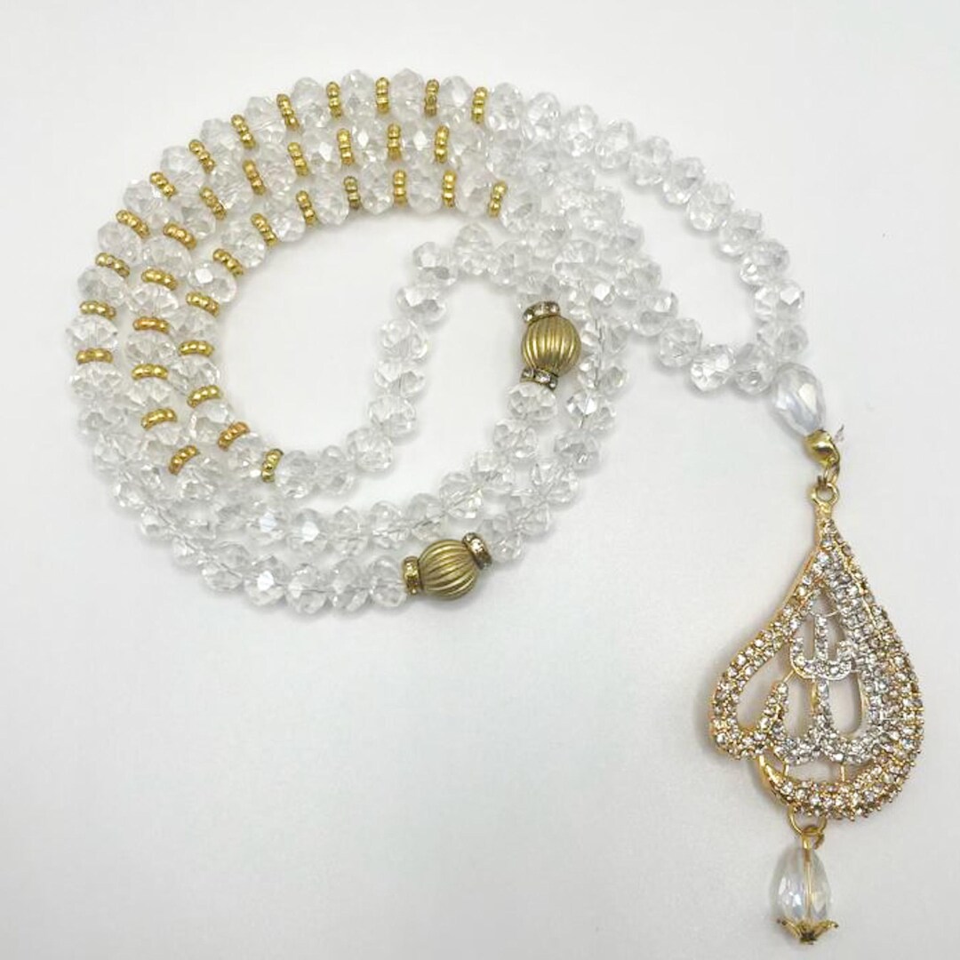 White Translucent Crystal Islamic Prayer Beads With Allah Pendant, 99 ...