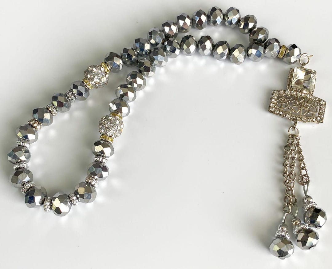 Silver Crystal Islamic Prayer Beads, 33 Beads, Ideal for Tasbih ...