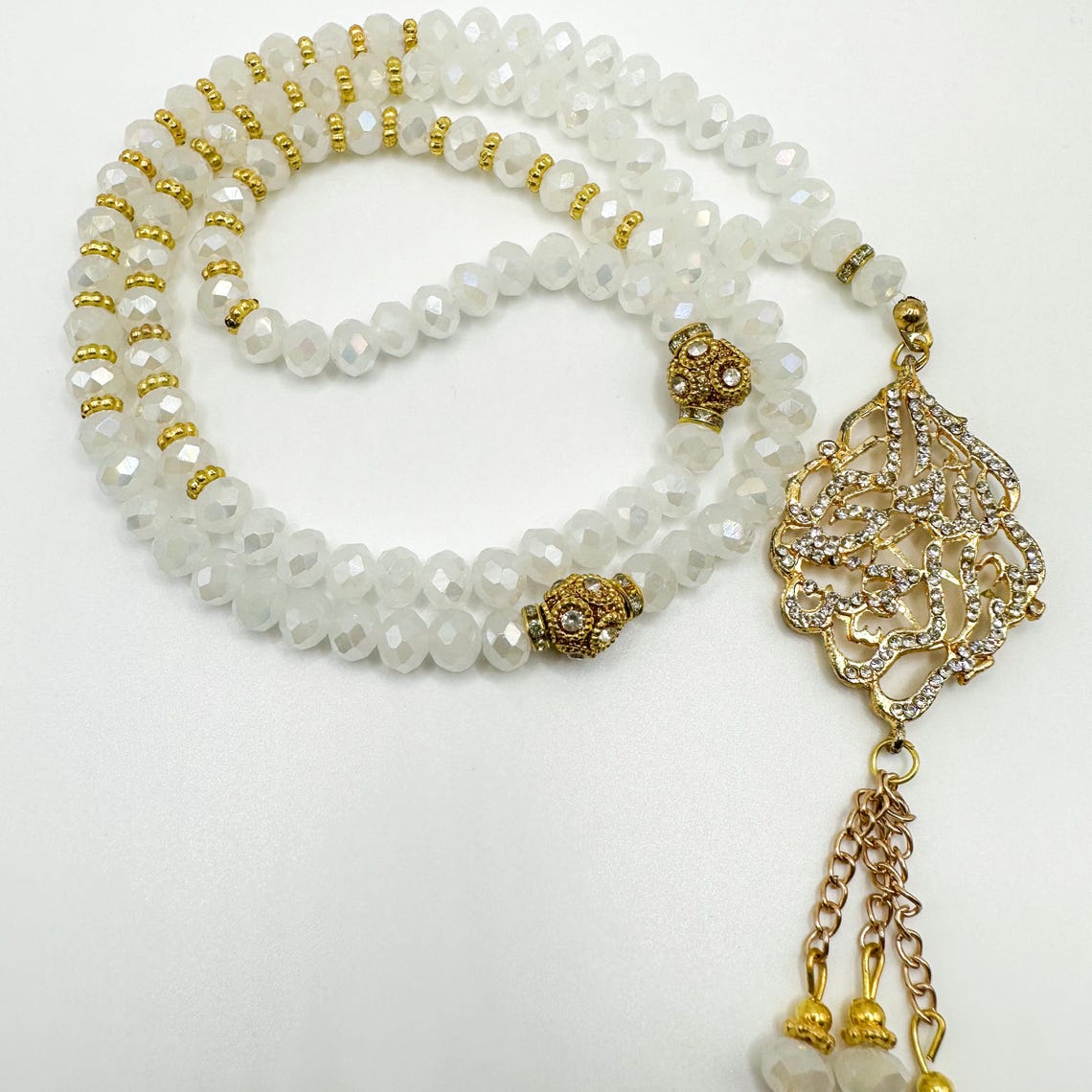 White Crystal Bismillah Islamic Prayer Beads, Natural Stone, 99 Beads ...