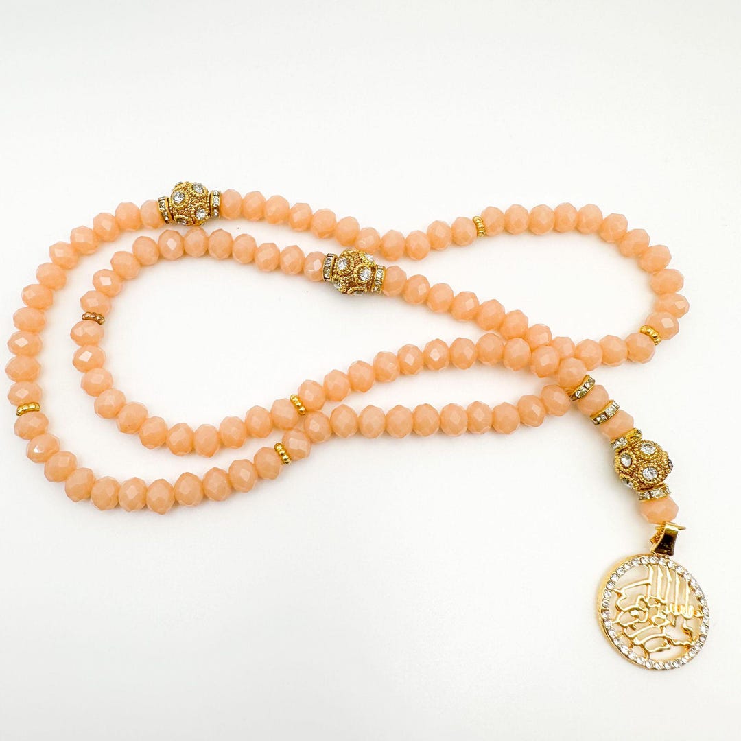 Peach Crystal Bismillah Islamic Prayer Beads, Natural Stone 99 Beads ...