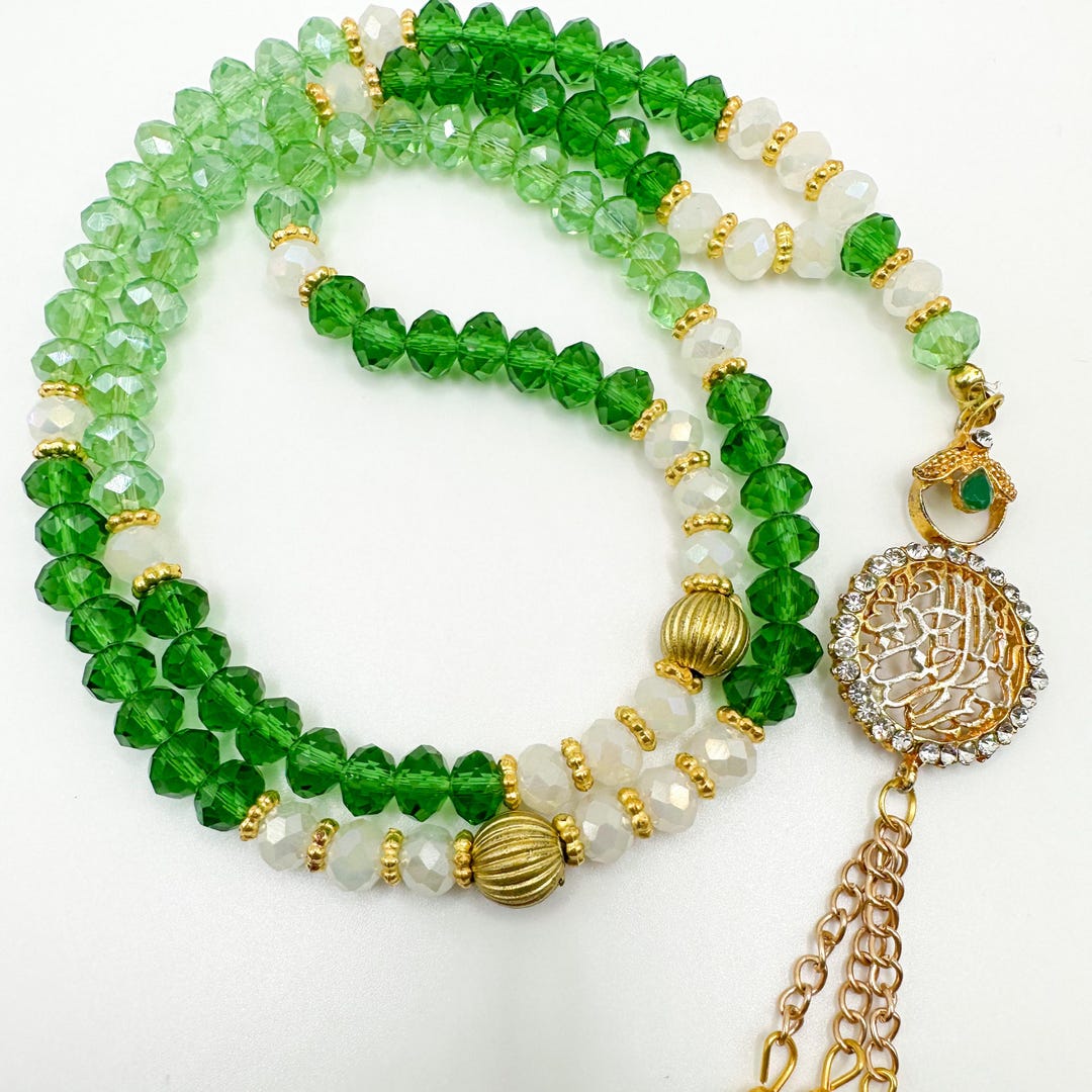 Green Crystal Bismillah Islamic Prayer Beads Tasbih, Natural Stone, 99 ...