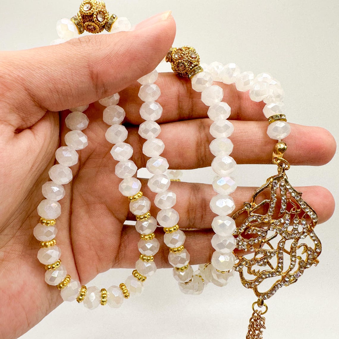 White Crystal Bismillah Islamic Prayer Beads, Natural Stone, 99 Beads ...