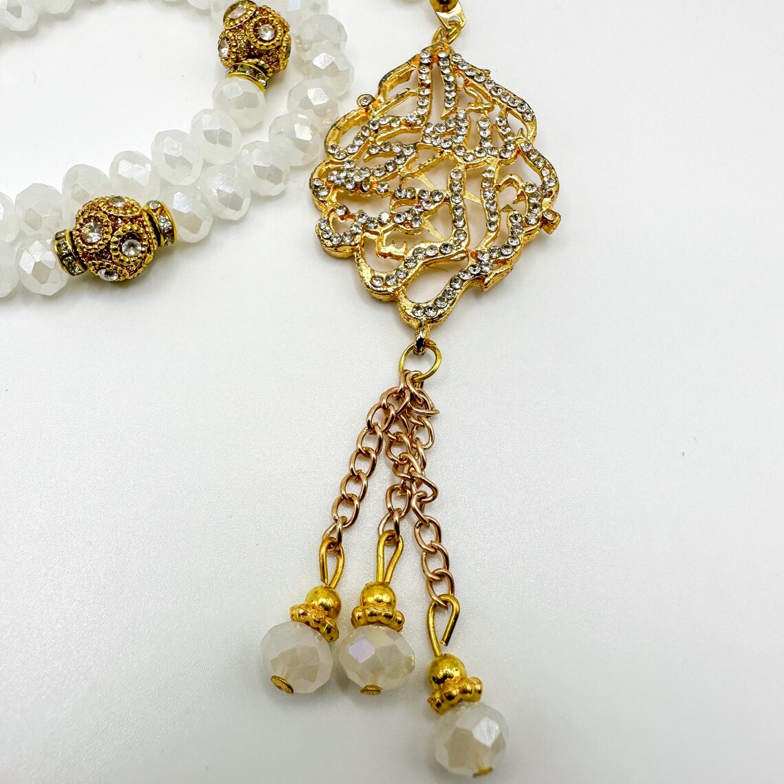 White Crystal Bismillah Islamic Prayer Beads, Natural Stone, 99 Beads ...