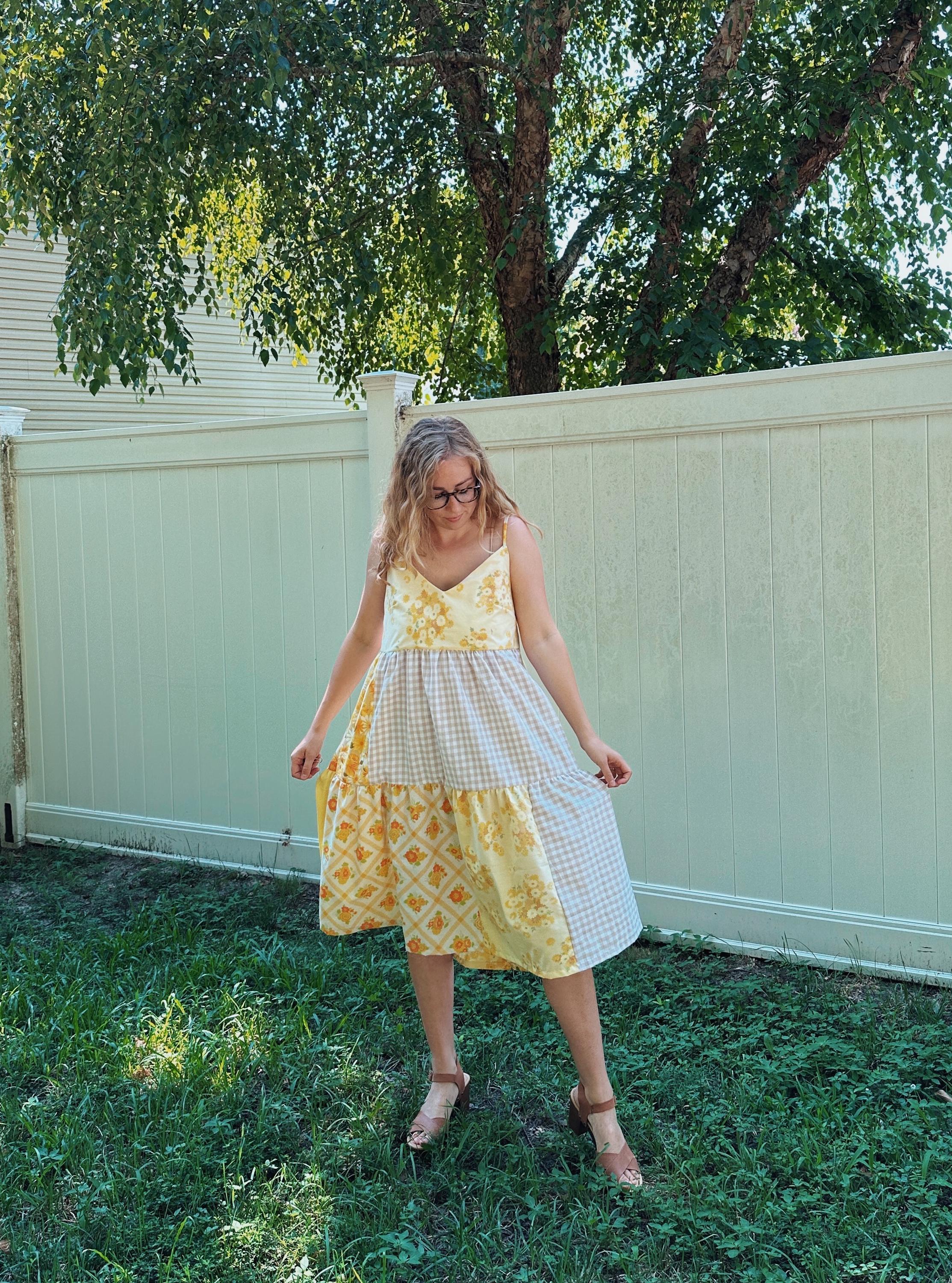 Handmade Patchwork Sundress: Vintage Yellow Fabric Upcycled Midi Dress ...