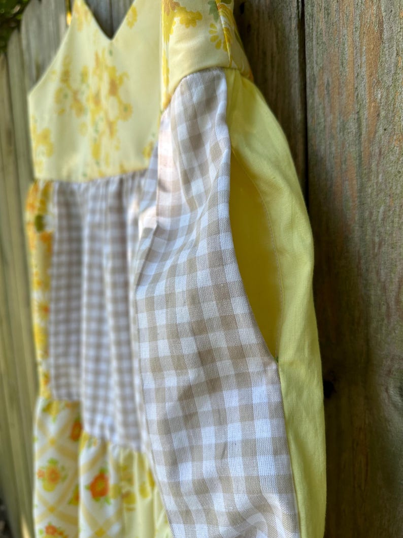 Handmade Patchwork Sundress: Vintage Yellow Fabric Upcycled Midi Dress ...