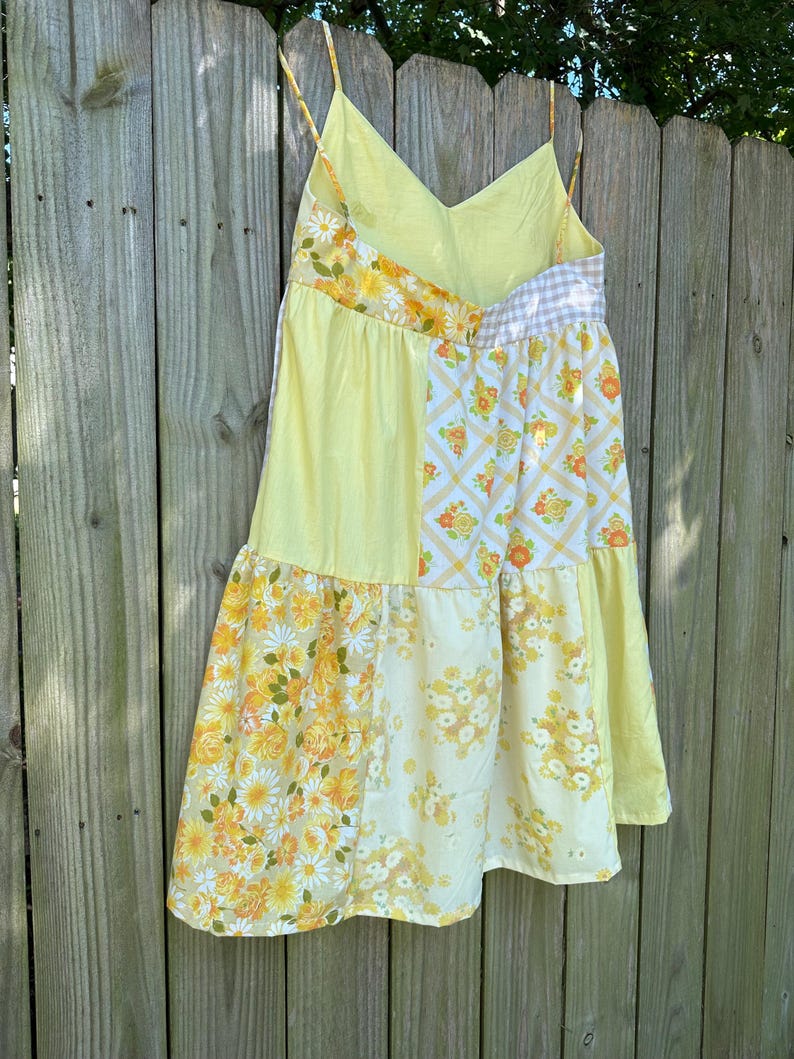 Handmade Patchwork Sundress: Vintage Yellow Fabric Upcycled Midi Dress ...