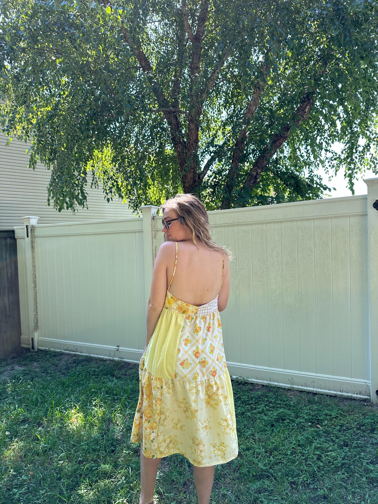 Handmade Patchwork Sundress: Vintage Yellow Fabric Upcycled Midi Dress ...