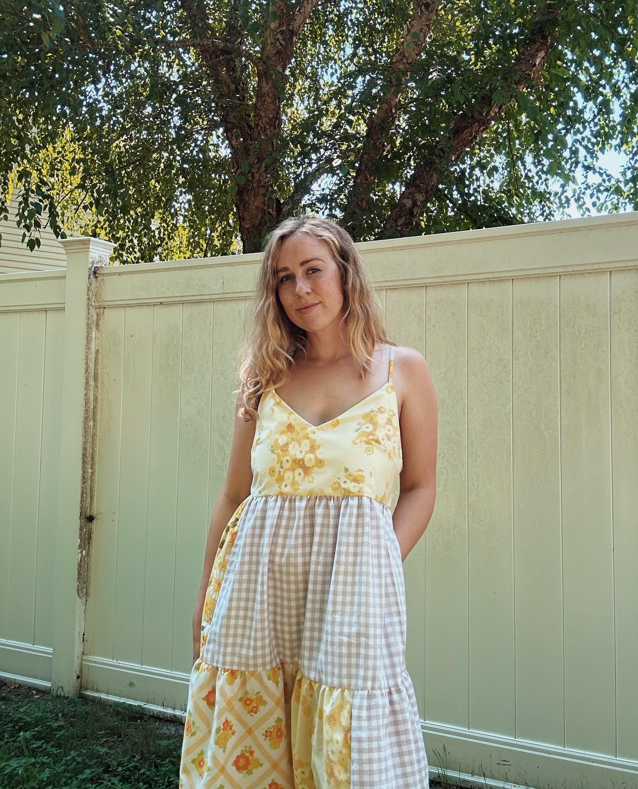 Handmade Patchwork Sundress: Vintage Yellow Fabric Upcycled Midi Dress ...