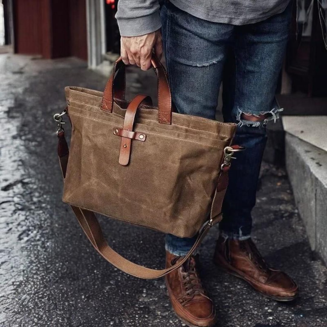 Waxed Canvas Leather Tote Bag: Stylish Zipper Work Bag - Etsy