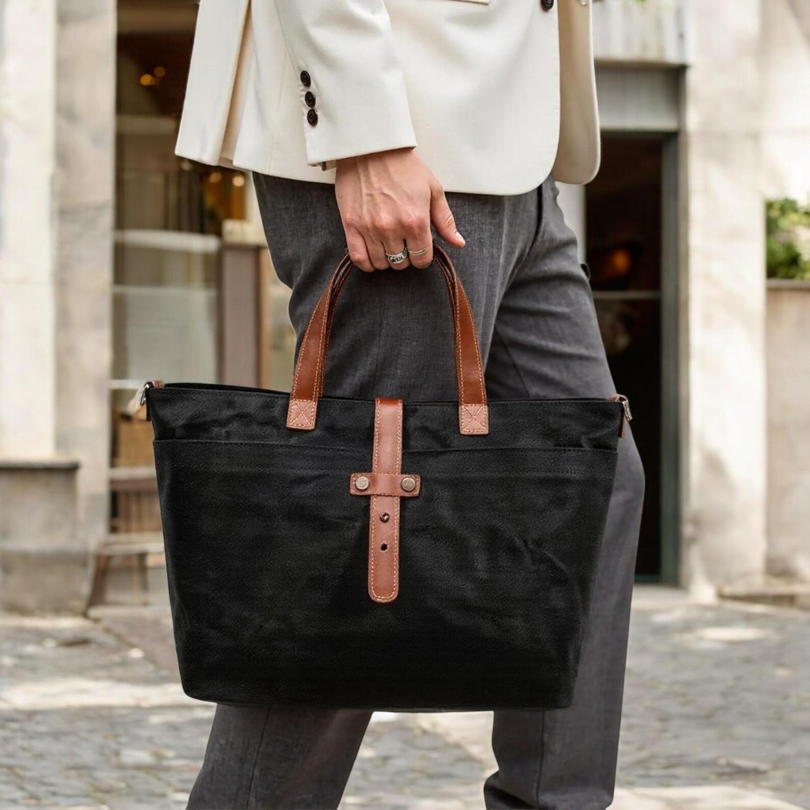 Waxed Canvas Leather Tote Bag: Stylish Zipper Work Bag - Etsy