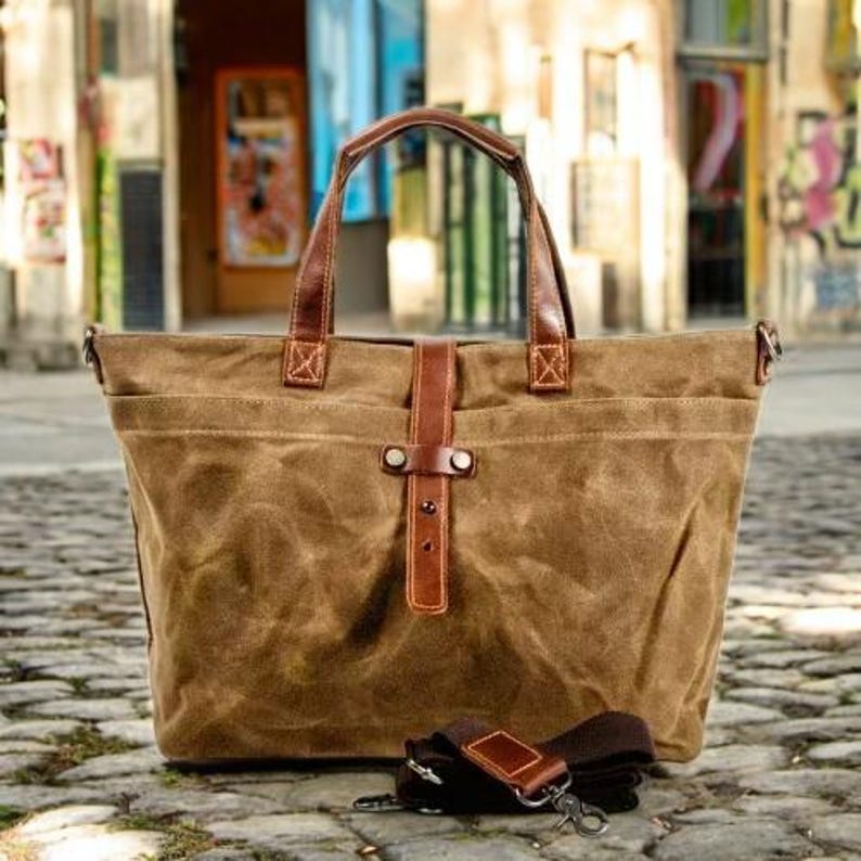 Waxed Canvas Leather Tote Bag: Stylish Zipper Work Bag - Etsy