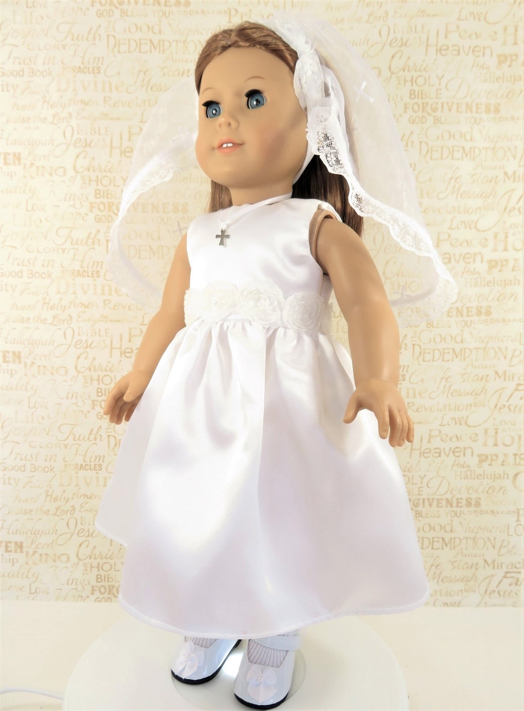 First Communion / Satin With Chiffon Roses Tea Length Doll Dress ...