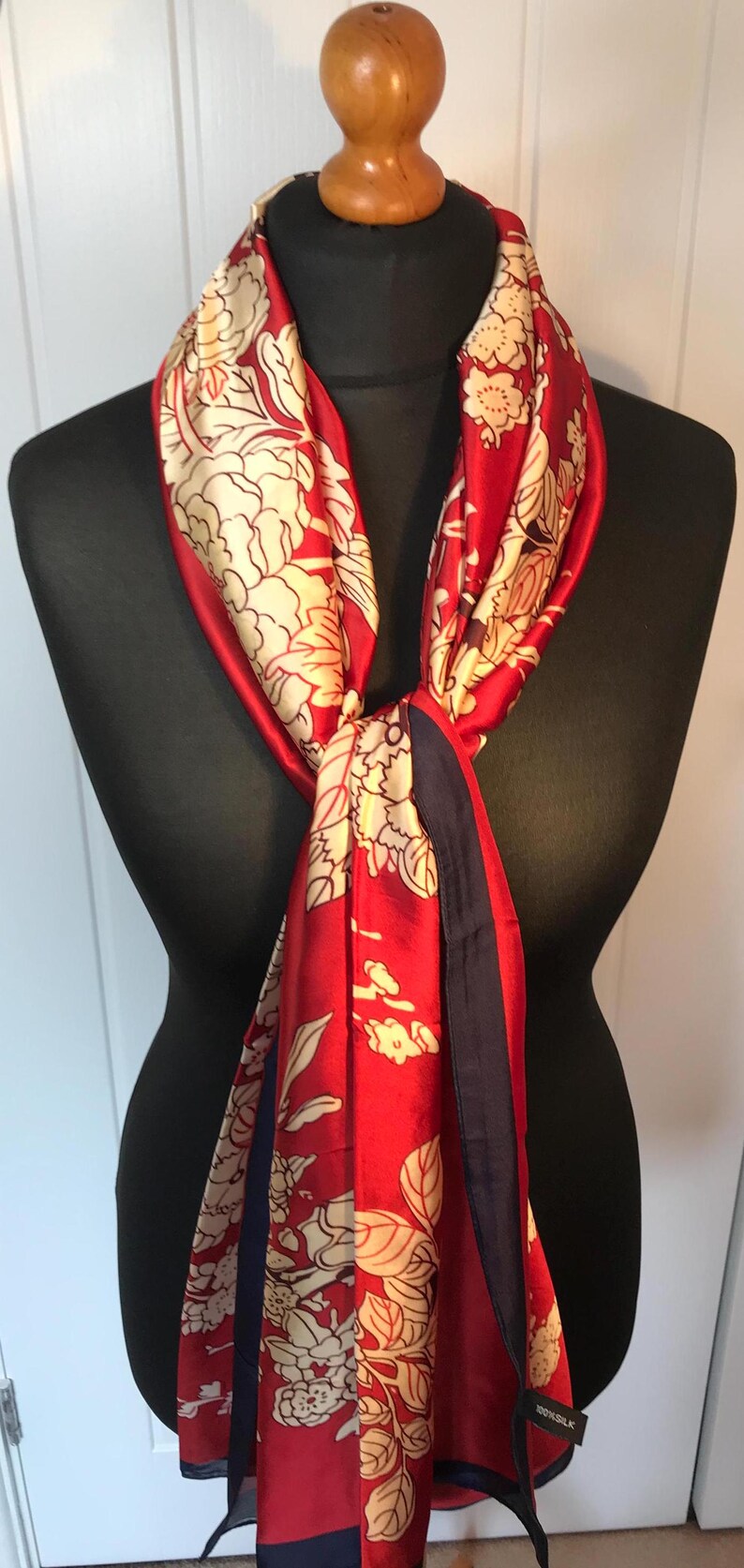 Burgundy and Cream, Floral Silk Scarf, With Personalised Gift Box ...