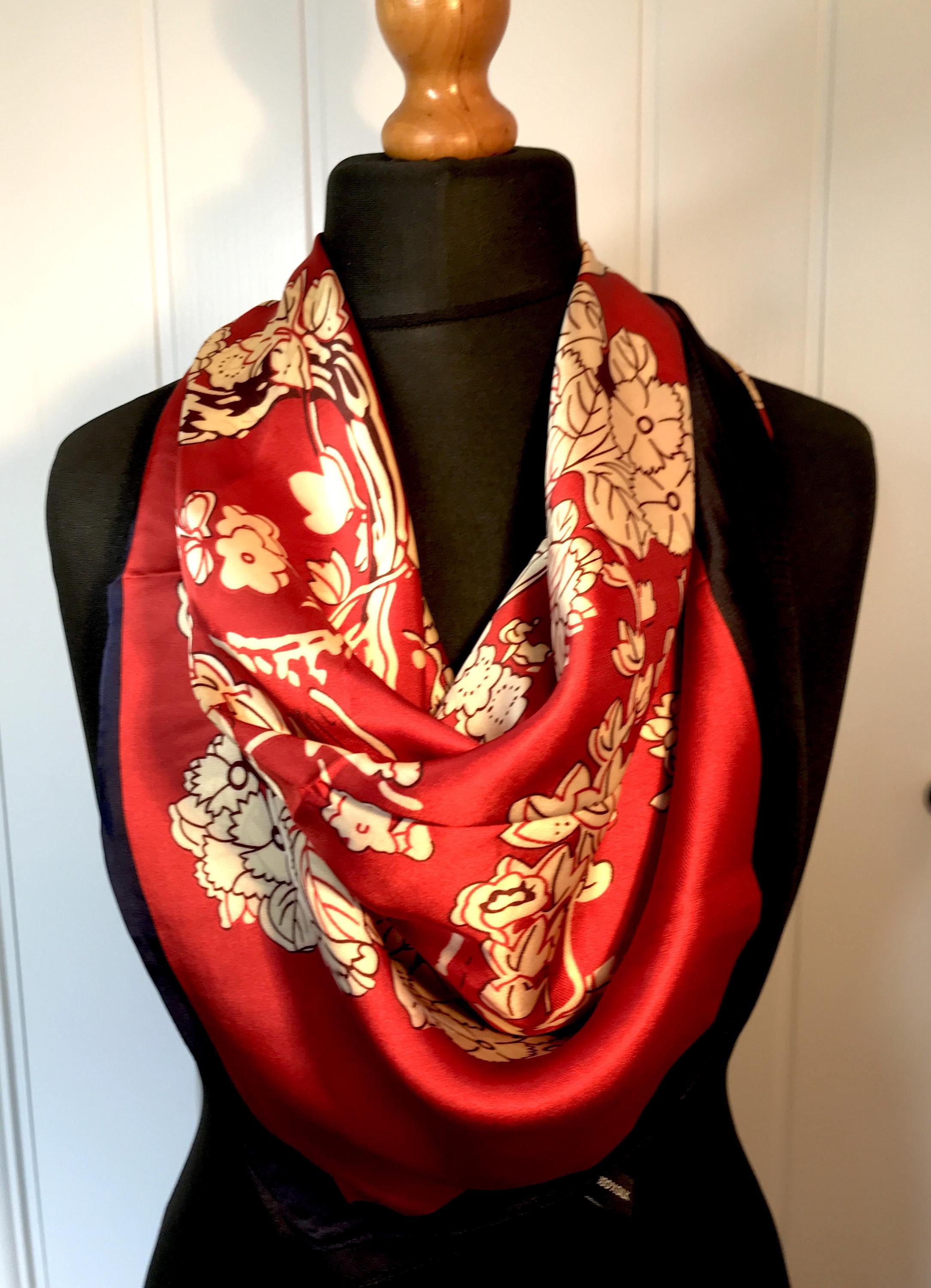 Burgundy and Cream, Floral Silk Scarf, With Personalised Gift Box ...