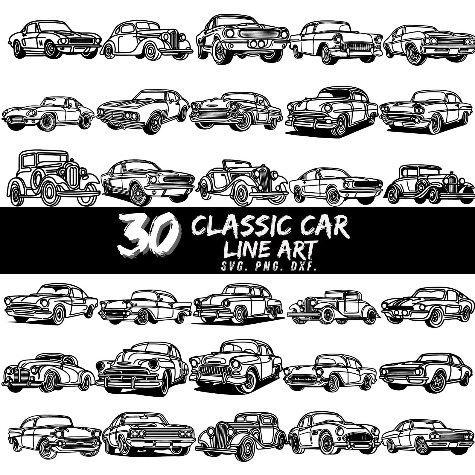 Classic Car Line Art SVG Bundle, Retro Car Clipart, Vintage Car Pn ...