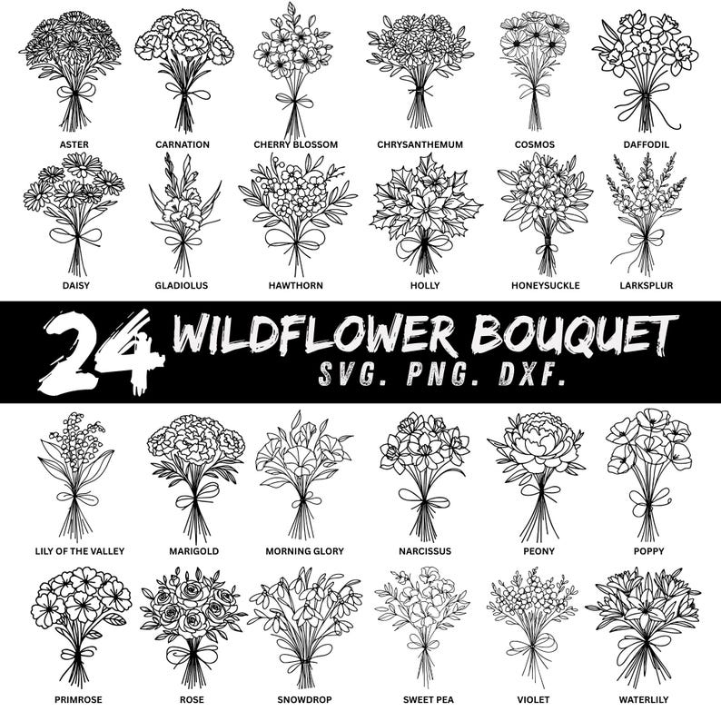 24 Wild Flower Bouquet SVG PNG DXF, Hand Drawn Floral Clipart, Digital ...