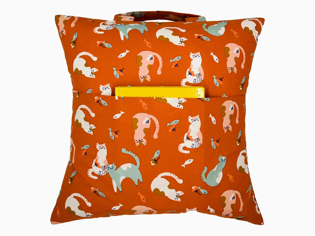 Handmade Cats & Fishes Reading Pillow: Kids Book Cushion With Pocket - Etsy