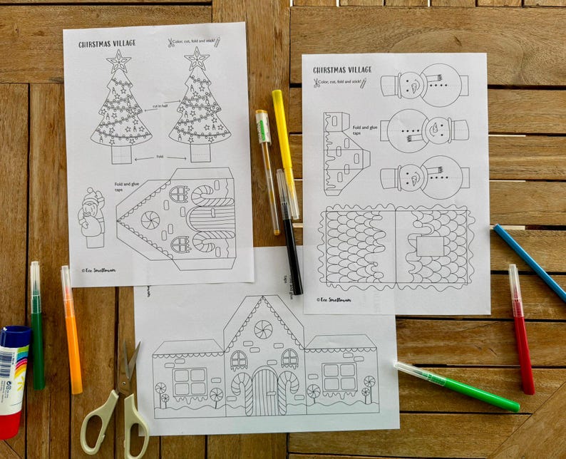 Christmas Village Paper Craft Printable Activity With Tree, Snowman ...