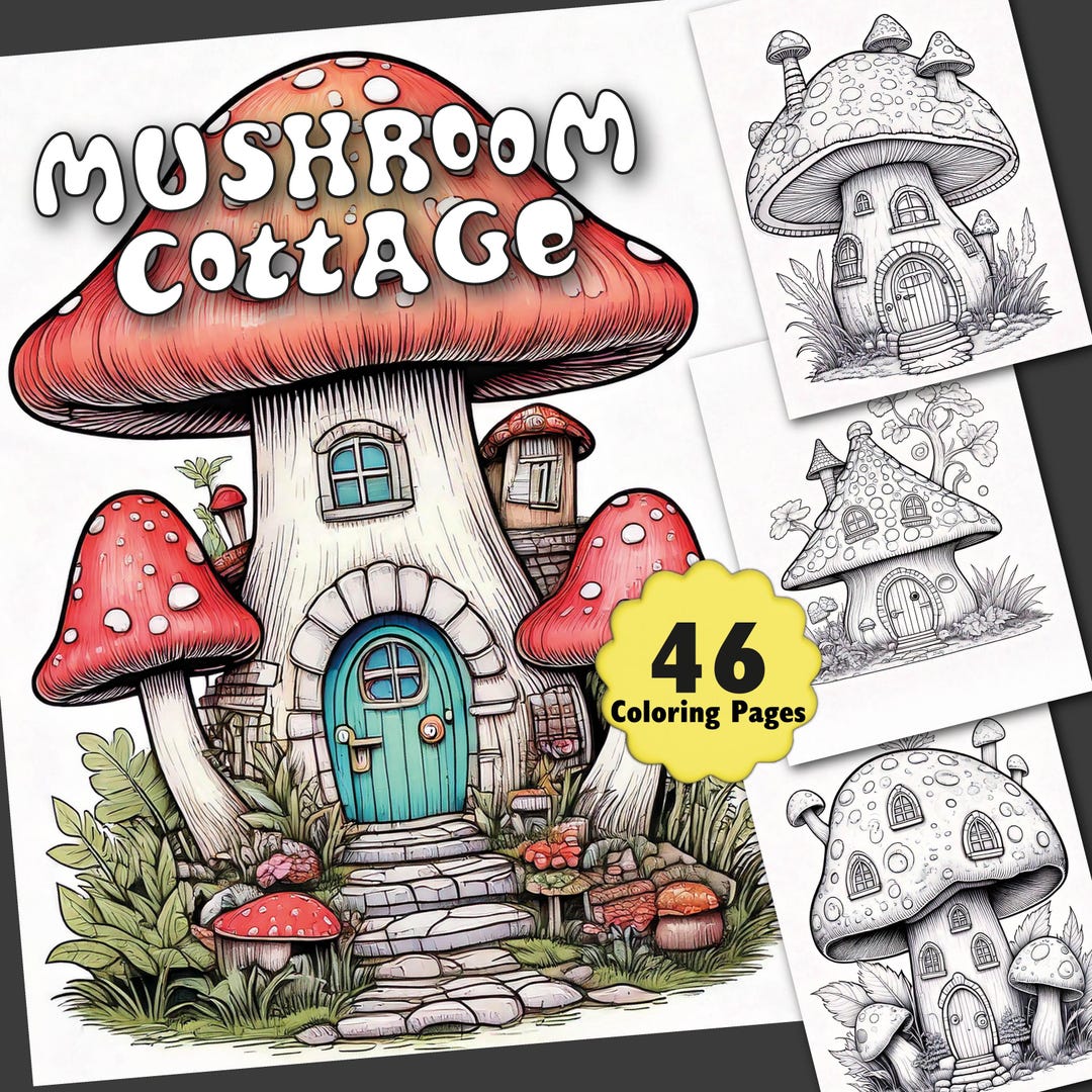 Mushroom Cottage Coloring Pages for Adults and Kids, Printable ...
