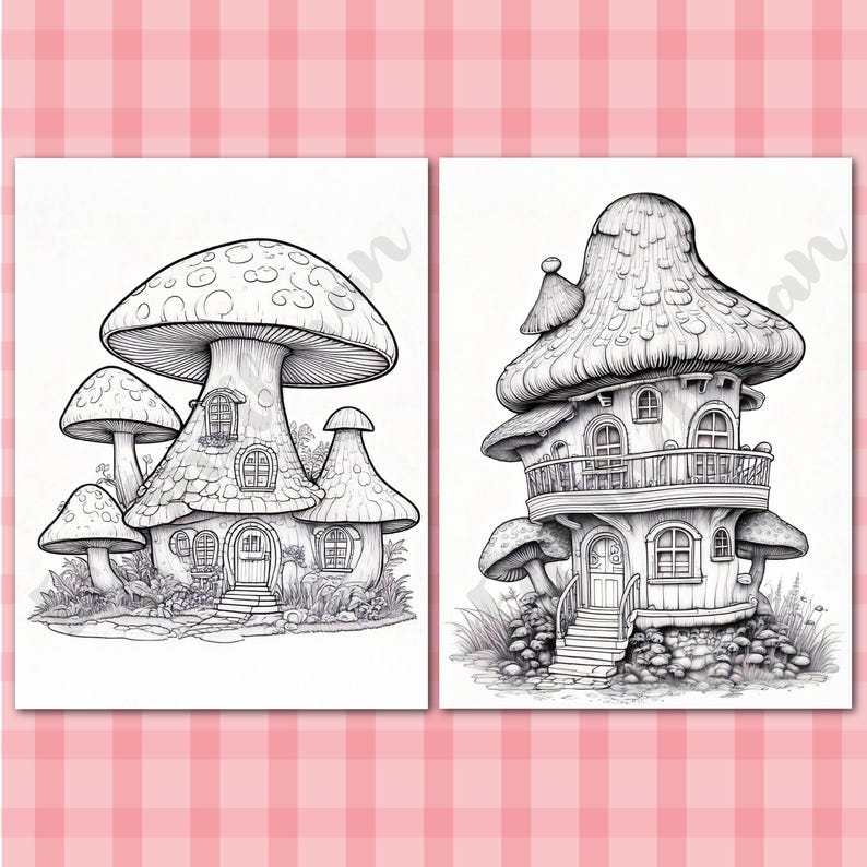 Mushroom Cottage Coloring Pages for Adults and Kids, Printable ...