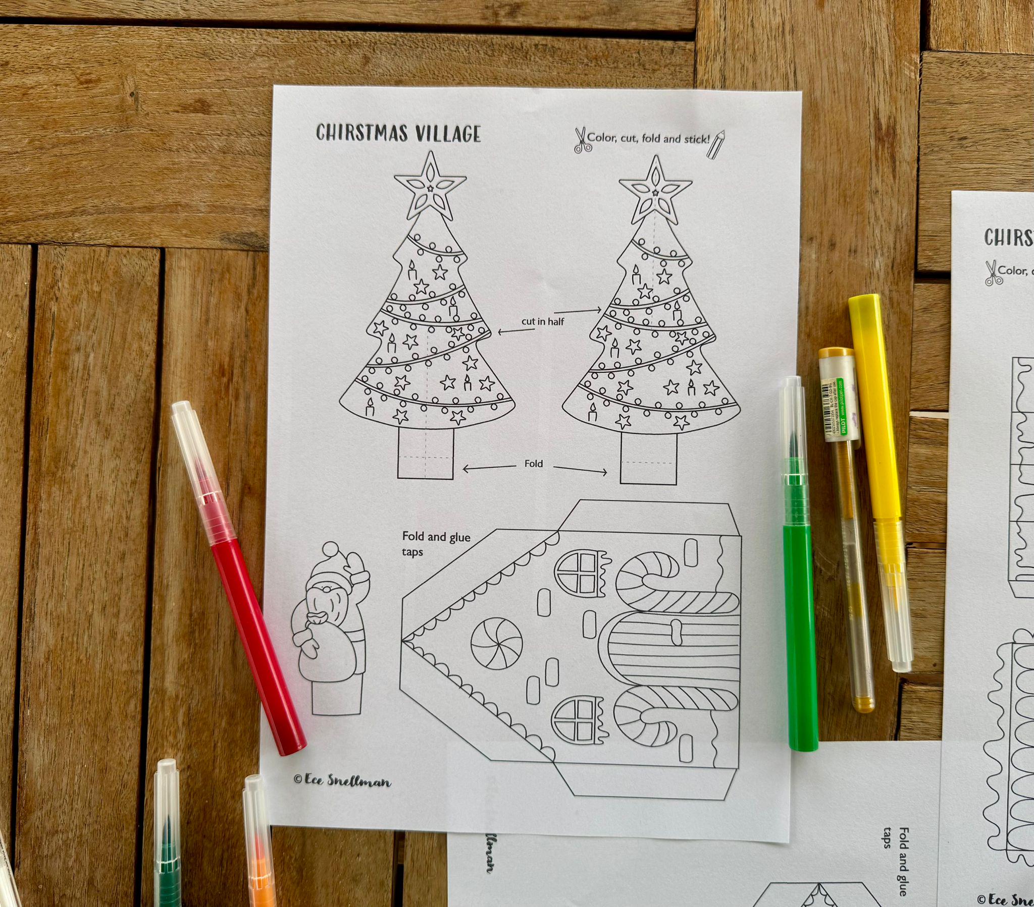 Christmas Village Paper Craft Printable Activity With Tree, Snowman ...