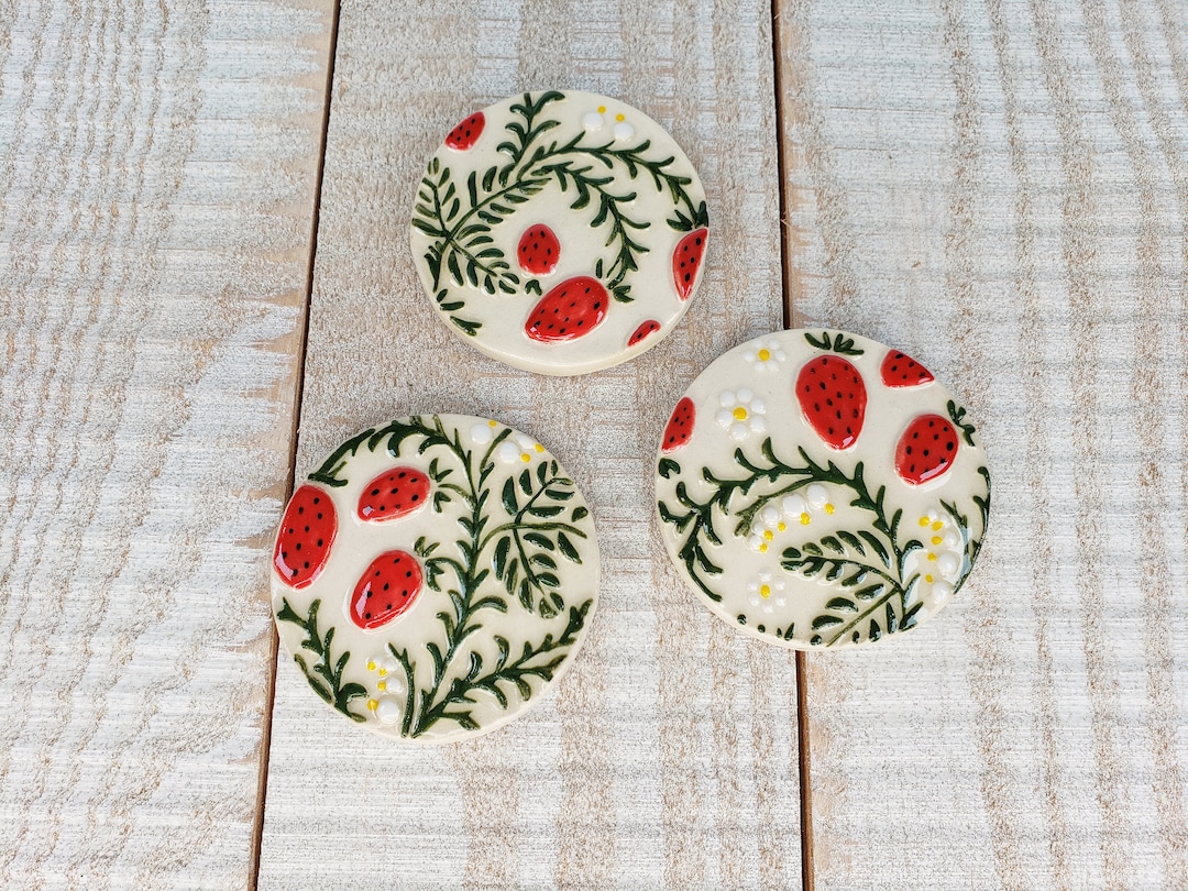 Qty 1 Strawberry Magnet Carved Design Ceramic Pottery Fridge Magnet ...