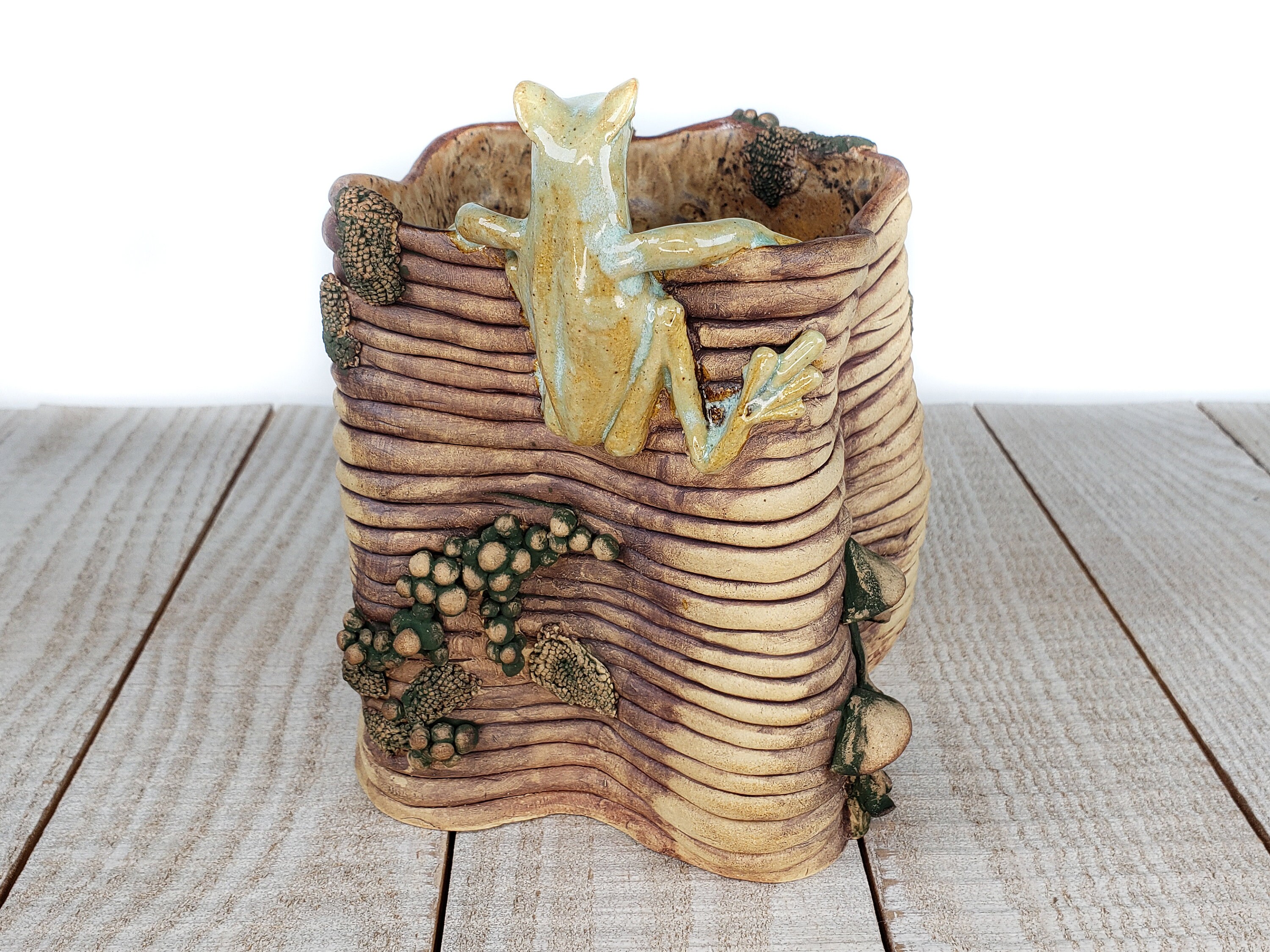 Green Frog Tree Trunk Ceramic Coil Planter Decor Cactus | Etsy