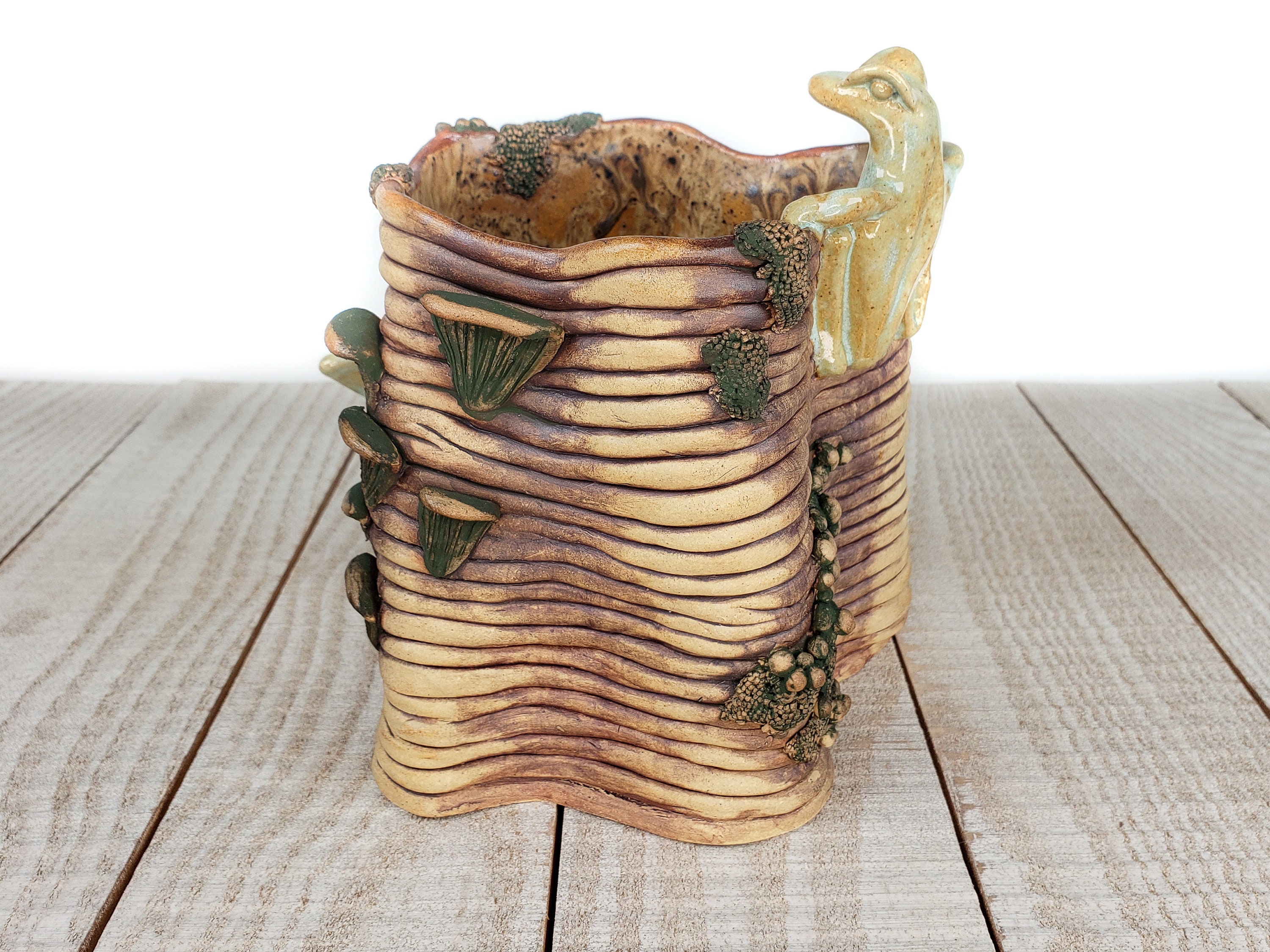 Green Frog Tree Trunk Ceramic Coil Planter Decor Cactus | Etsy