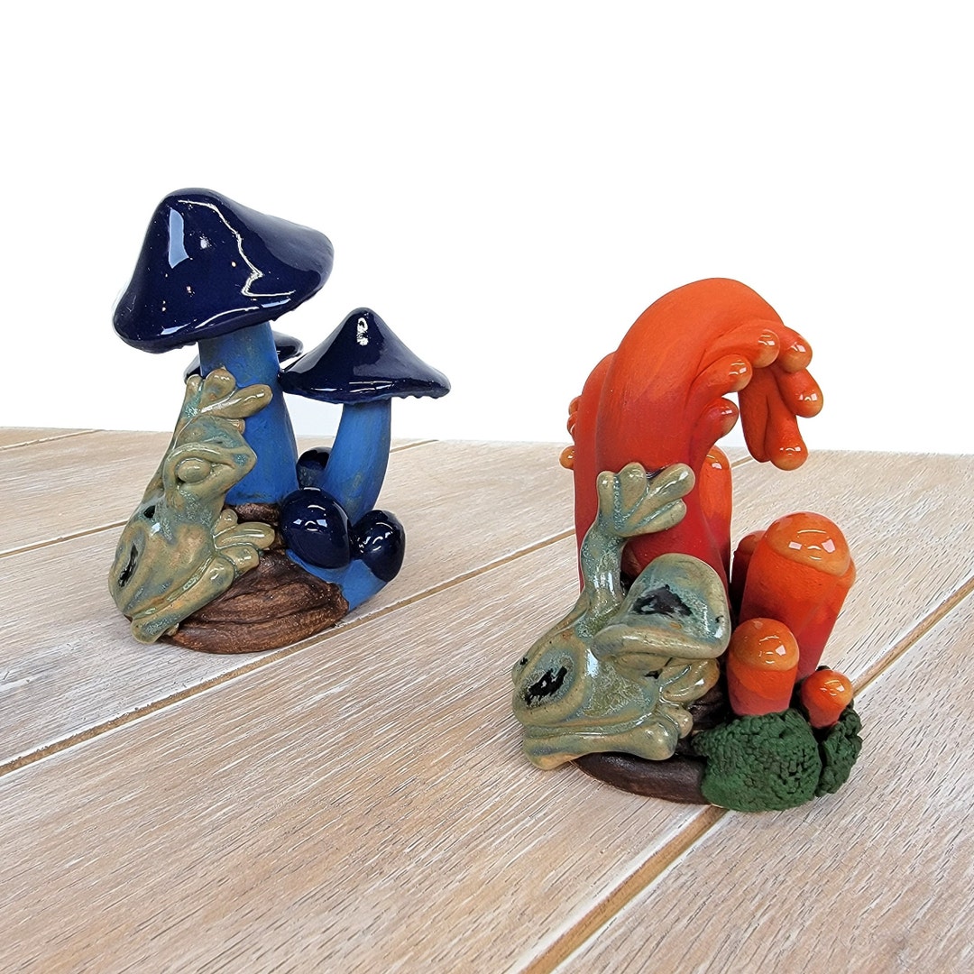 Green Frog Ceramic Cottagecore Fungi Fungus Blue Mushroom Orange Red ...