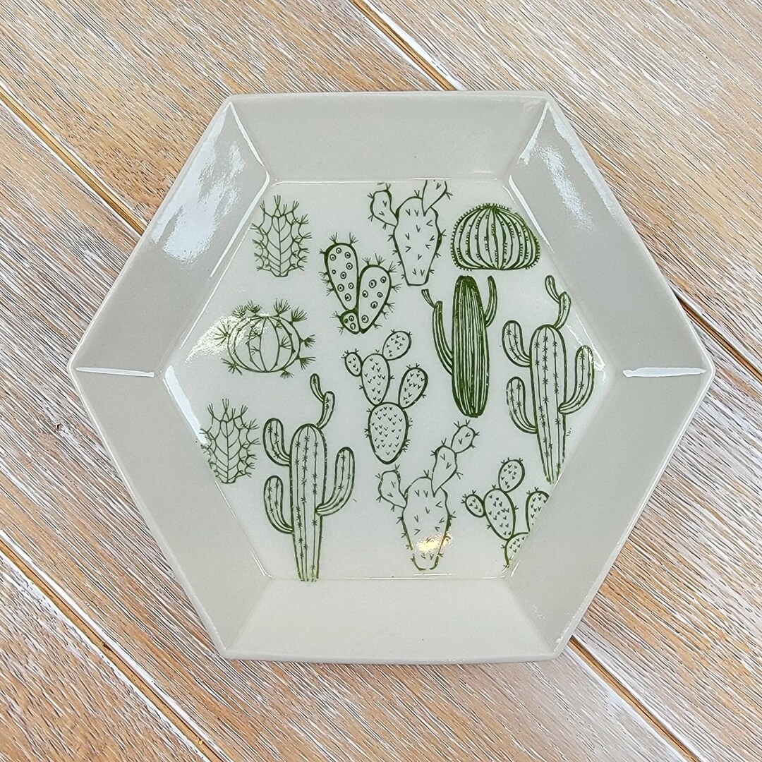 Ceramic Green Cactus Tray Dish Plate Pottery Desert Country Kitchen ...