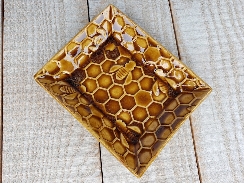 Ceramic Bee Honeycomb Tray Dish Plate Pottery Amber Crystal Honey Bee ...